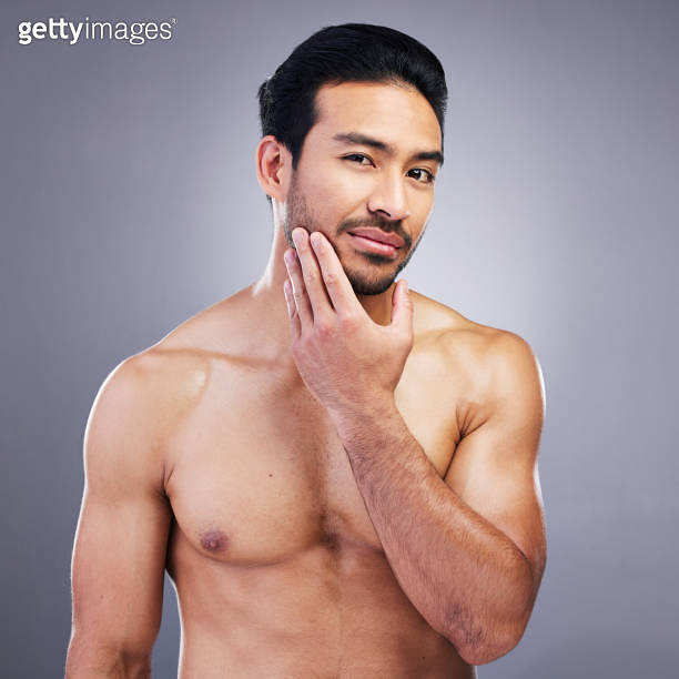 Portrait, skincare and man with muscle body, cosmetics and dermatology ...