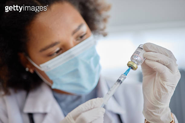 Smallpox, vaccine and vial with doctor, needle and healthcare safety in ...