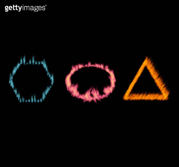 Fire, heat and shape on black background with circle, triangle and ...