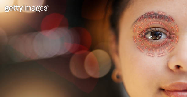 Portrait, closeup and woman with eye care, hologram and wellness ...