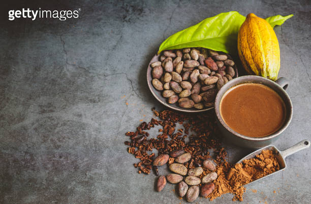 Top view of the cocoa collection.hot chocolate mug shot, brown cocoa ...