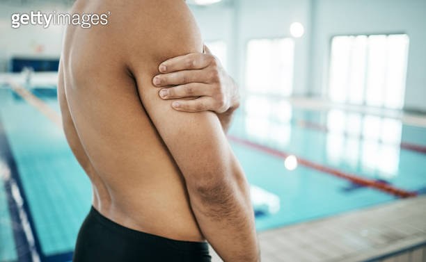 Arm injury, swimming and sore sports person, athlete or player with ...