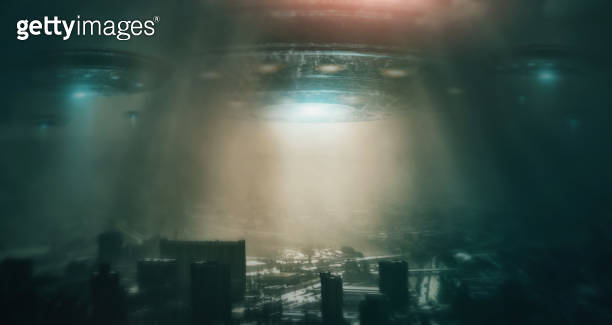 City, night and ufo in sky, spaceship and surreal alien invasion ...