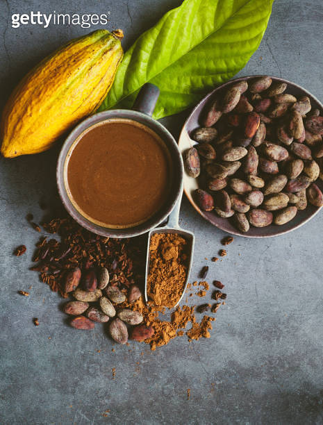 Top view of the cocoa collection.hot chocolate mug shot, brown cocoa ...