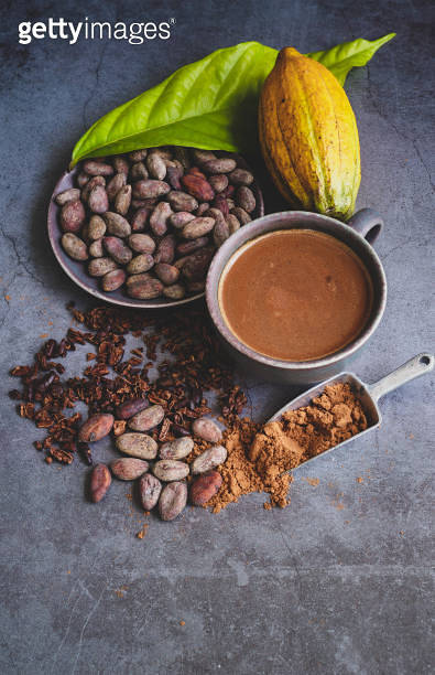Top view of the cocoa collection.hot chocolate mug shot, brown cocoa ...