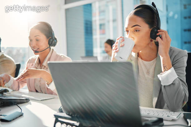 Call center, business people and woman with coffee break in office ...