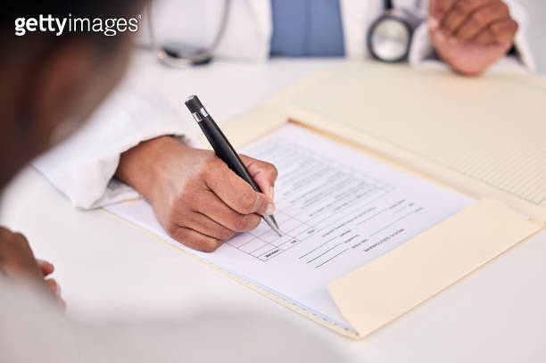 Doctor, patient and hands writing on documents for prescription ...
