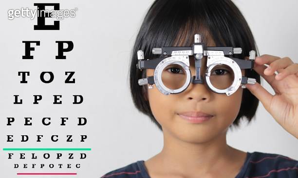 Elementary school girl wearing eyeglasses visual acuity test with test ...