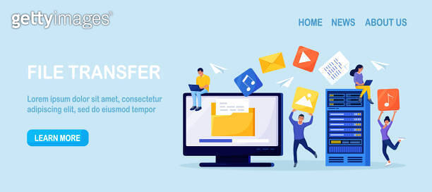 File Transfer. Computer screen with folders, transferred documents to server. Copy files, data ...