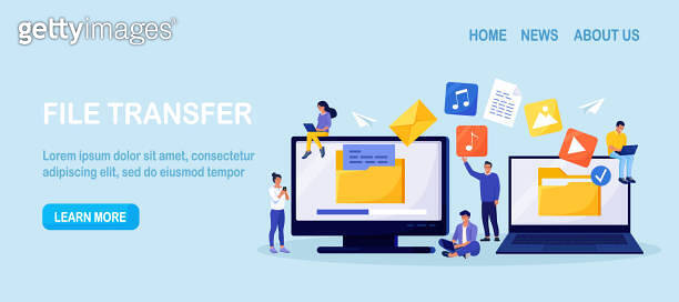 File Transfer. Two computers with folders on screen, transferred ...