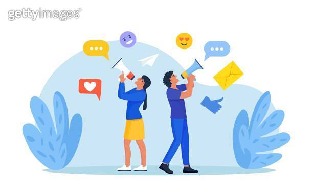 Social Media Promotion and Digital Marketing. People Standing and Use ...