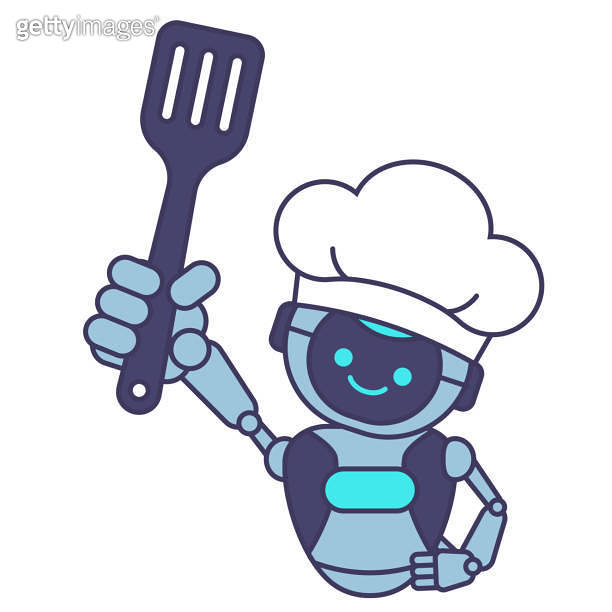Robot chef holding spatula vector illustration. Robot chef mascot ...