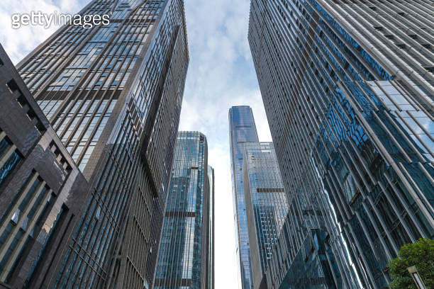 low angle view of modern skyscrapers and financial buildings, financial ...
