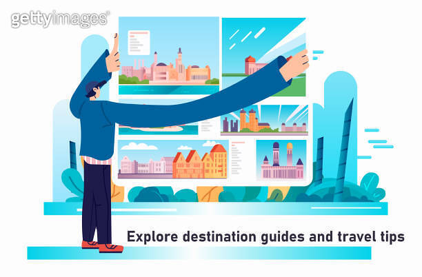man choosing and exploring destination guides and travel tips on map ...