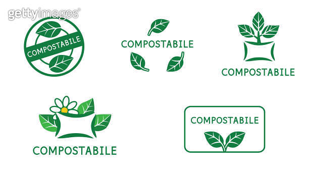 Compostable icon. Label written in Italian. Compostable logo, isolated ...