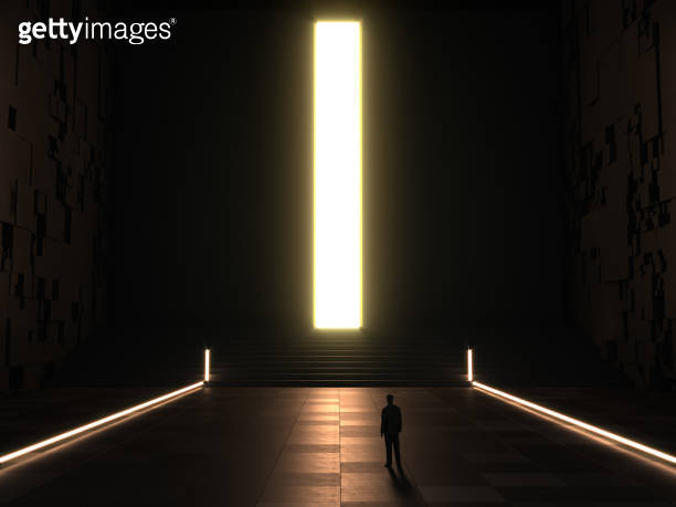 Glowing big light portal - exit from dark concept. 3d rendering mock up ...