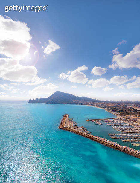 Altea beach in Alicante sunny drone aerial view skyline in summer ...