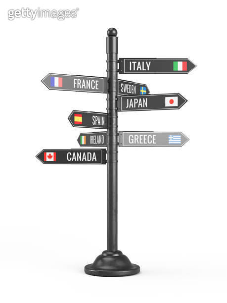 Signpost with countries isolated on white - World travel, tourism ...