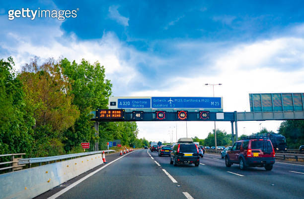 London Motorway traffic road signs to airports Gatwick and Heathrow in ...