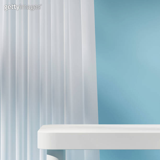 mockup space white side table podium in square curtain and blue wall ...