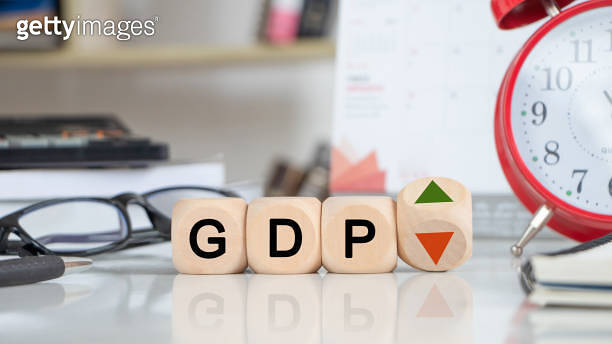 Word 'GDP' on block, UP and Down arrow symbol icon. Concepts of Gross ...