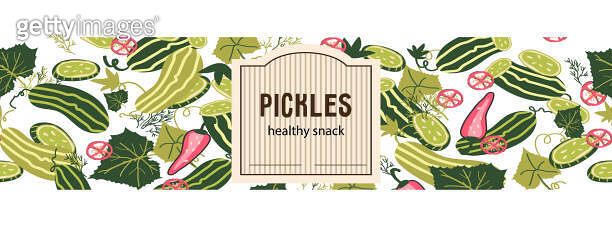 Pickled cucumber label design with seamless decorative border vector ...
