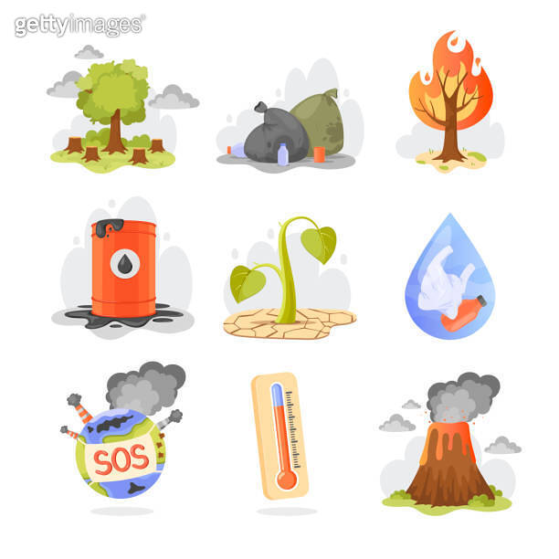 Healthy and leafless trees and garbage vector illustrations set ...