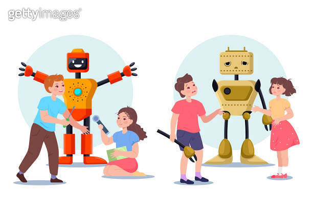 Cartoon boys and girls creating robots during competition (1464202018 ...