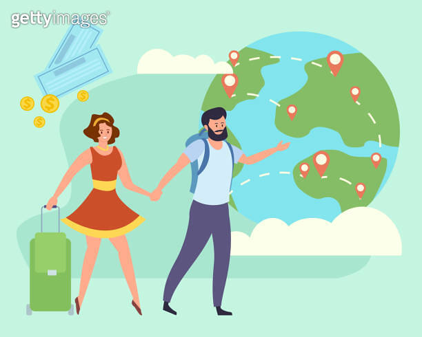 Happy couple moving to another country vector illustration 이미지 ...