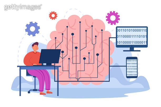 Programmer developing AI brain or system vector illustration 이미지 ...