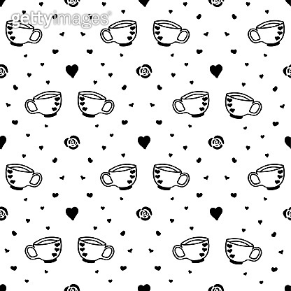 Hand drawn vintage tea cup seamless pattern decorated with hearts ...