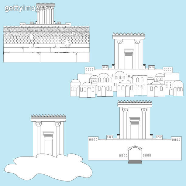 The Temple in Jerusalem. A black and white outline illustration ...
