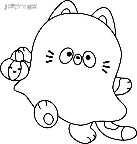 a vector of a cute cat in a ghost costume in black and white coloring ...