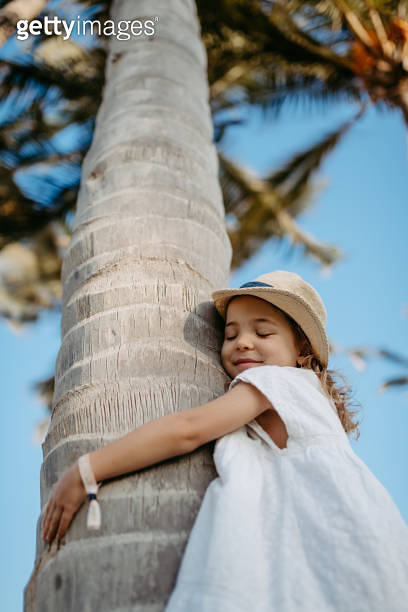 Happy little girl hugging palm tree during tropical vacation ...