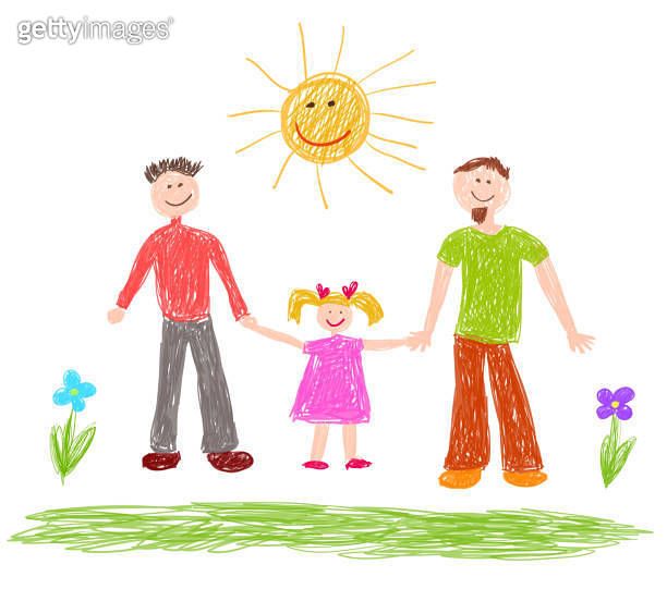 Lgbt family. Children's drawing. Ywo happy men with girl. Vector ...