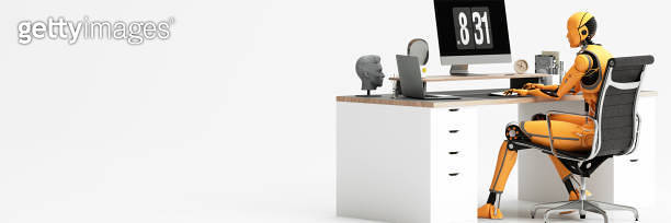 3D yellow humanoid robot sitting at a work desk. Future concept without people with smart ...