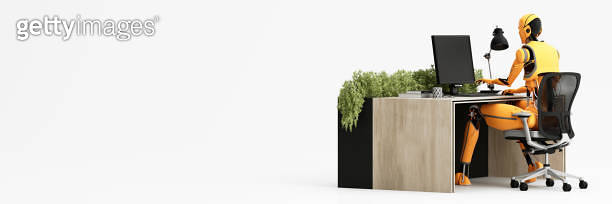 3D yellow humanoid robot sitting at a work desk. Future concept without people with smart ...