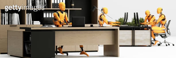 3D yellow humanoid robot sitting at a work desk. Future concept without people with smart ...