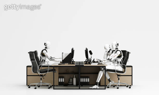 3D humanoid robot sitting at a work desk. Future concept without people with smart robotics ...