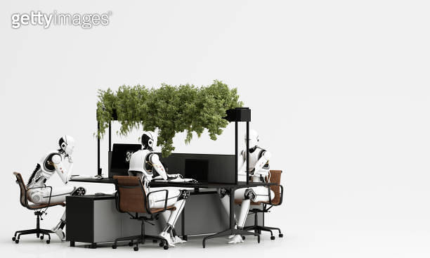 3D humanoid robot sitting at a work desk. Future concept without people with smart robotics ...
