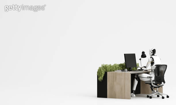 3D humanoid robot sitting at a work desk. Future concept without people with smart robotics ...