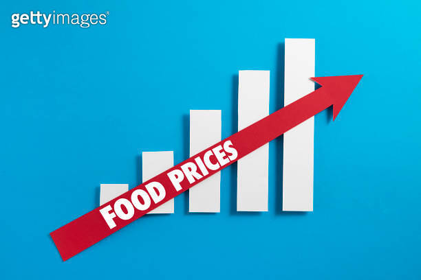 Growing Bar Graph with Food Prices Rising Arrow 이미지 (1718345171) - 게티이미지뱅크