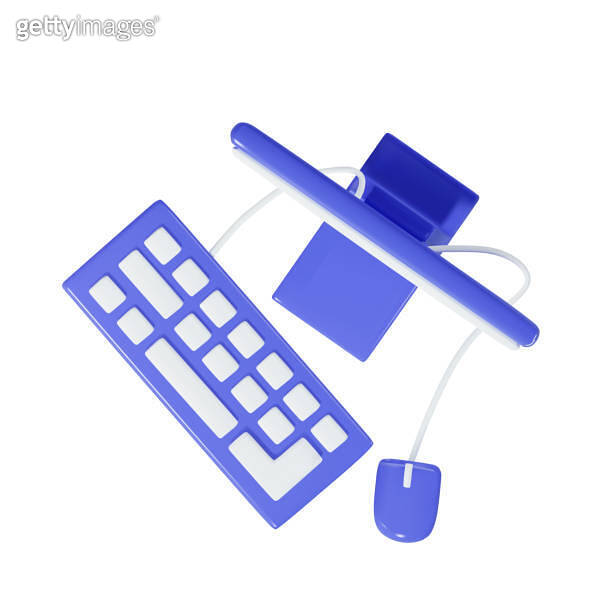 rendering of a blue computer with a keyboard and mouse top view in 3d ...
