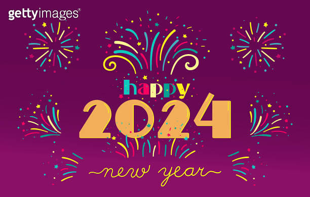 Happy New Year 2024 logo with colorful fireworks for posters or ...