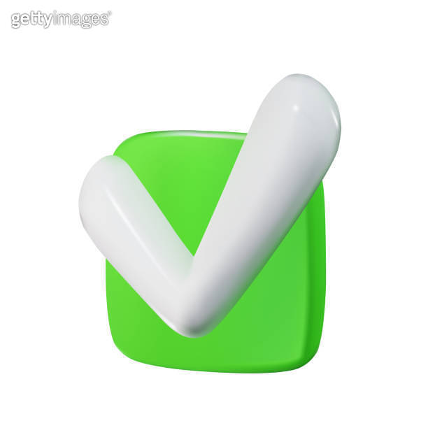 Render of a square green button with a white check mark. Acceptance ...