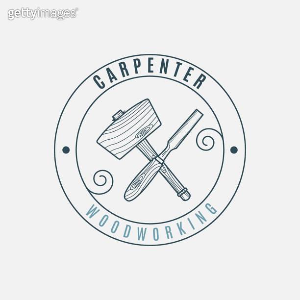 mallet and chisel line art logo vector with emblem illustration ...
