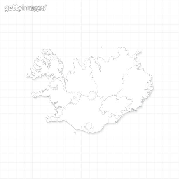 Iceland map with country borders, thin black outline on white grid ...