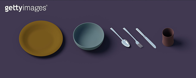 Simple dinner table setting of generic kitchen utensils in ...