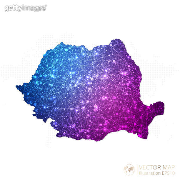 Romania map in geometric wireframe blue with purple polygonal style ...