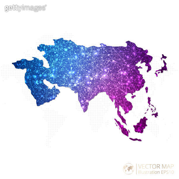 Asia Continent map in geometric wireframe blue with purple polygonal ...